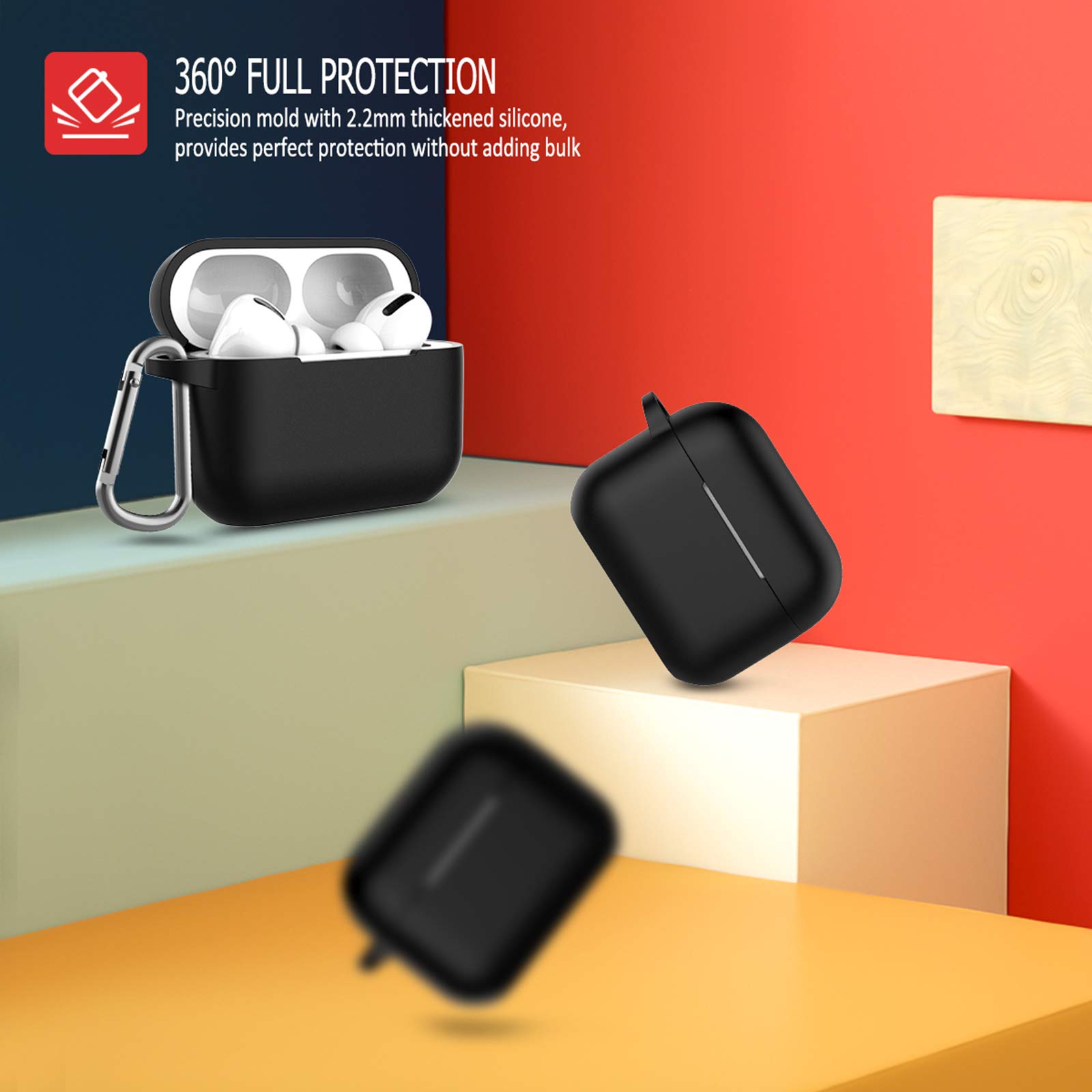 AirPods Pro Case Cover, Coffea Protective Silicone Case with Keychain for Apple AirPod Pro, Black [US Patent Registered]