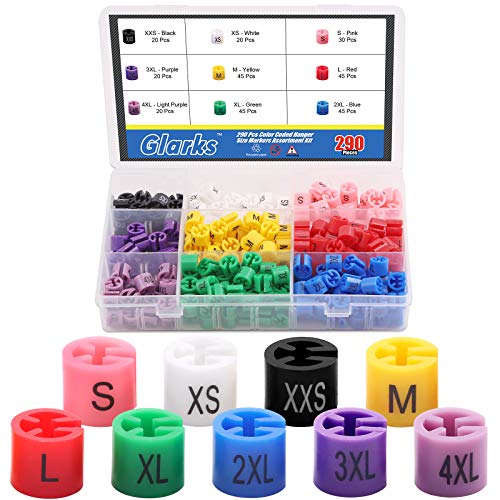 Glarks 290Pcs 9 ColorsăXXS - 4XLăColored Hanger Sizer Garment Size Markers Color Coded Size Clips Assortment Set Fit for 2-4mm Hanger Hook Used for Wire Hangers