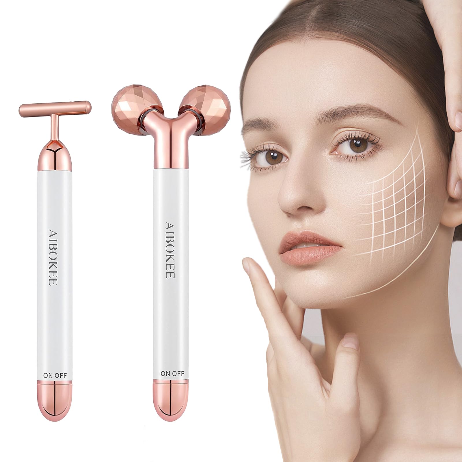 AIBOKEE 2 in 1 Face Massager Electric, 3D Face Massager Roller and T Shape Facial Massager Roller Vibrating,Skincare Tools for Face Arm Eye Waist Leg,Powered by One AA Battery(2 Piece Set)