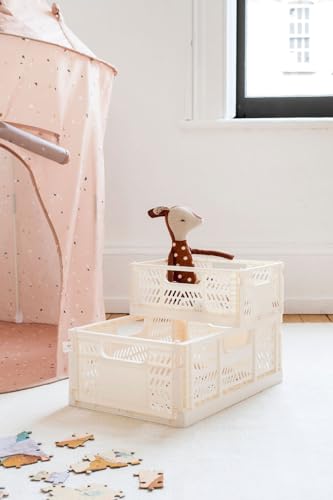 3 Sprouts Recycled Plastic Collapsible Crate - Stackable Folding Storage Crate for Organization for Adults & Kids - Foldable Plastic Crate - Large - Cream
