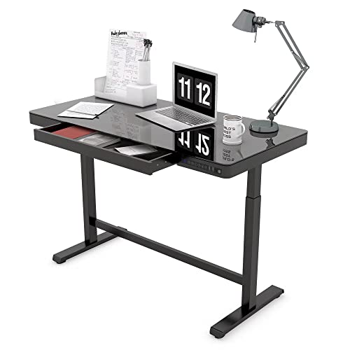 JAHRSTIM Jefferson Glass Standing Desk with Drawer, 48 x 24 Inches Modern Height Adjustable Desk Home Office Sit Stand Up Desk, Electric Motorized Uplift, Memory Control, Child Lock, Black