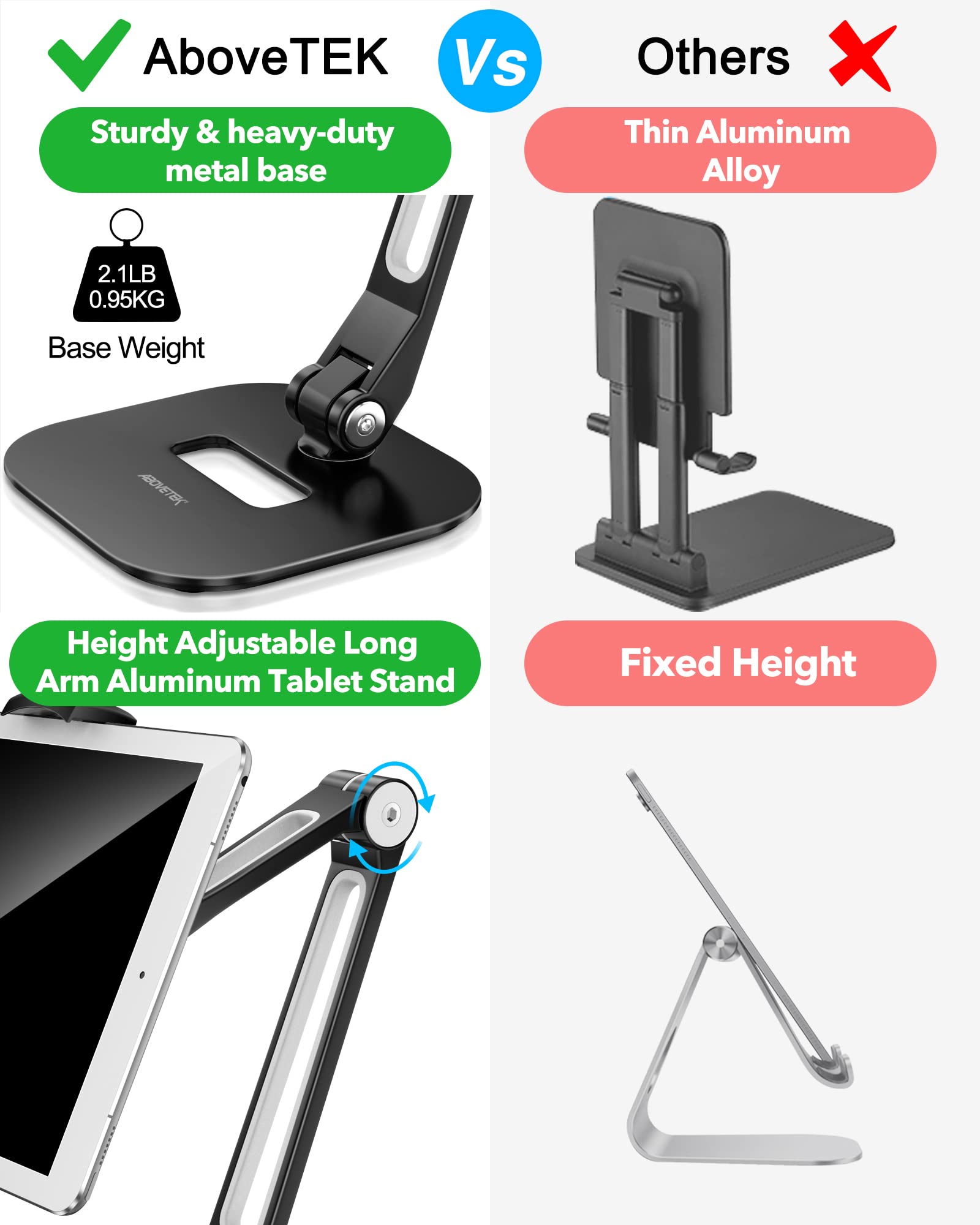 AboveTEK Tablet Stand, Multi-Angle Adjustable iPad Stand Holder, 360° Swivel iPad Stand Aluminum Desk Mount Fits 4”-11"(Diagonal) iPad/Mini/Air/Pro for Business Kiosk Office – Black