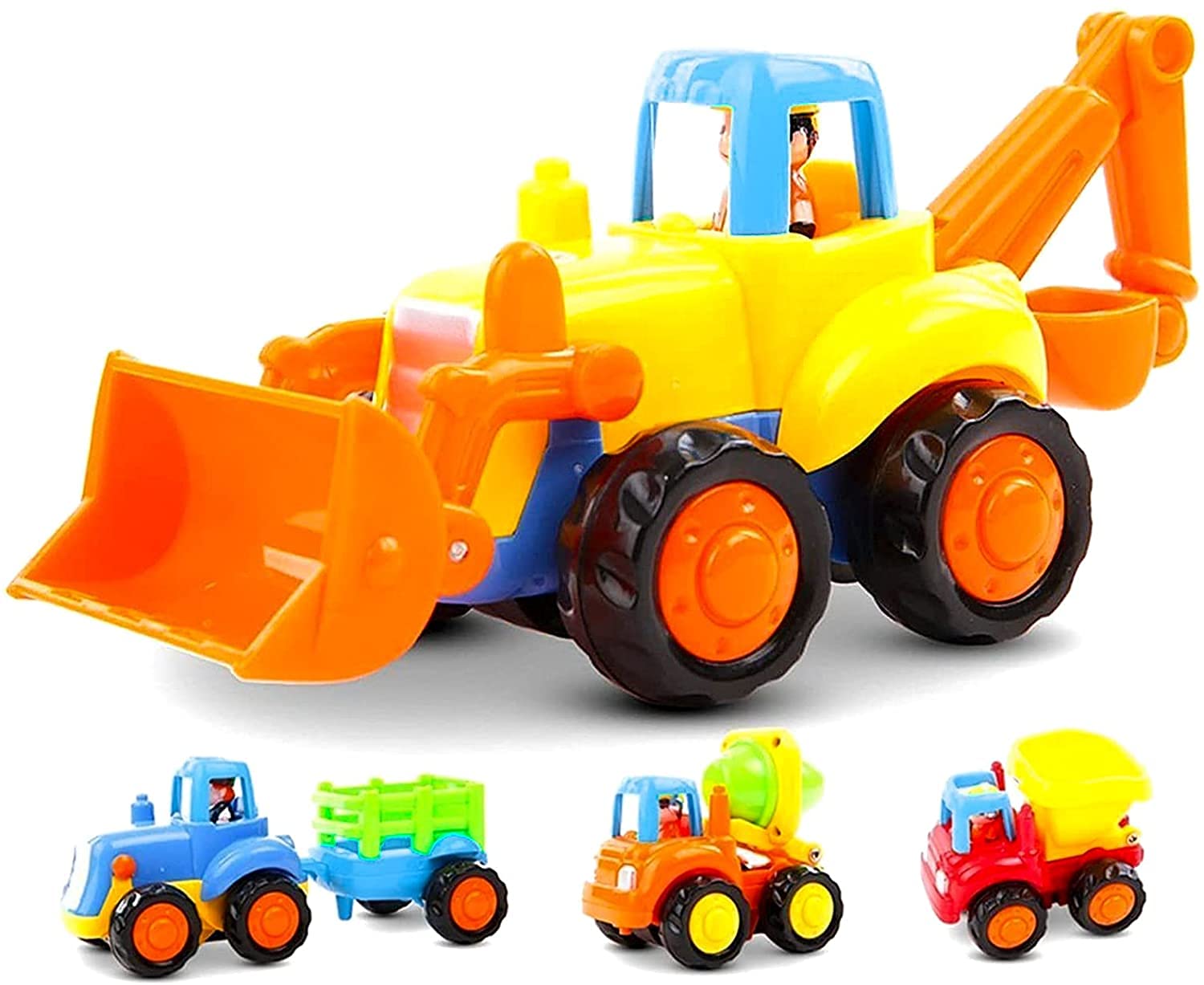 4 Pack Friction Powered Cars Set, Educational Vehicles Toy Gifts for Kids Toddler Baby 18 month +, Push and Go Bulldozer Tractor Dumper Cement Mixer Engineering Trucks Toys for Boys Girls Birthday