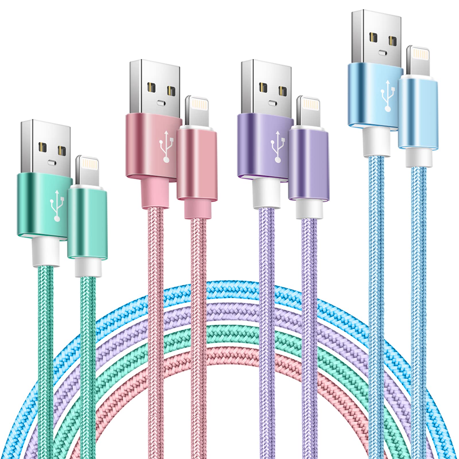 Souina Phone Charger, 4 Pack [3/6/6/10 FT] Nylon Braided Fast Charging Lightning Cable Compatible Phone 14 13 mini/13/12/11 Pro MAX/XR/XS/8/7/Plus/6S/SE/iPad