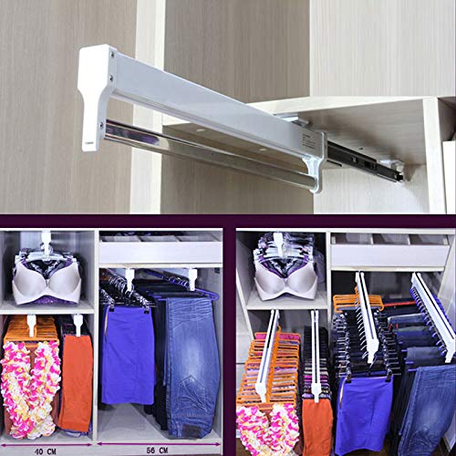 Top Mount Pull Out Wardrobe Closet Cloth Jacket Rod Hanger Retractable Hanging Rack Bar Ball Bearing Rail Slide Pull-Out Heavy Duty White (30CM 12")