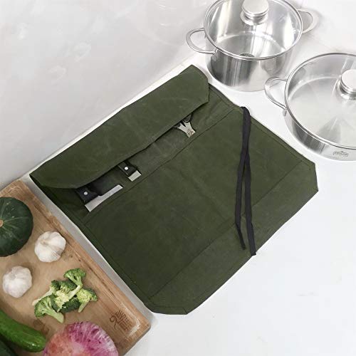 Heavy Duty Waxed Canvas Knife Roll Bag, Portable Chef Knife bag, Waterproof And Durable (Army Green)