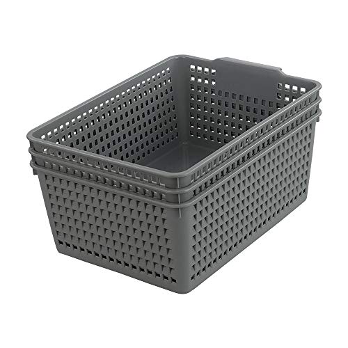 Gloreen Grey Plastic Weave Basket, Multipurpose Storage Basket For Organizer, 3 Packs