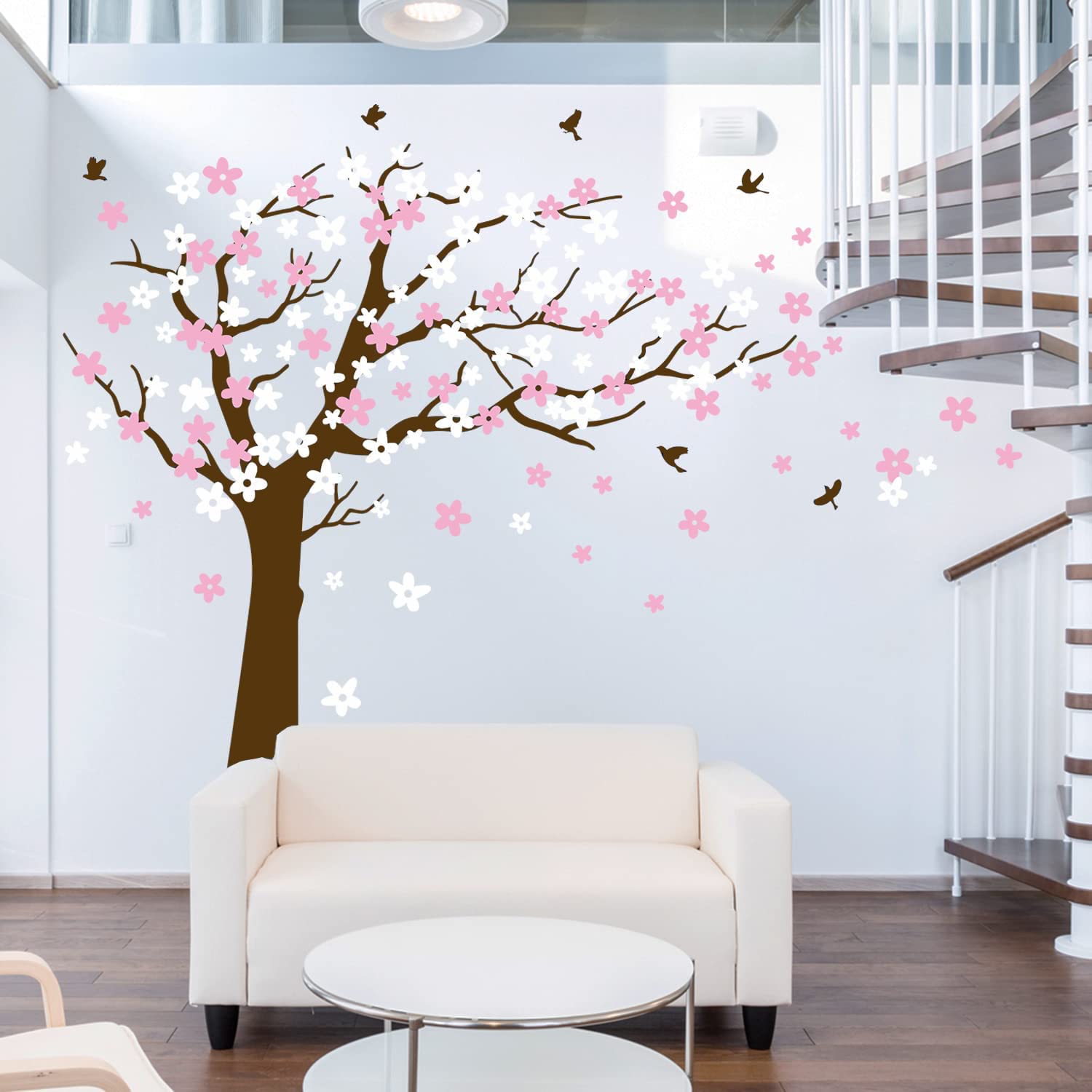 AIYANG Large Cherry Tree Wall Decals White Pink Cherry Blossom Flower Tree Branch Wall Stickers Baby Nursery Bedroom Living Room Decoration (Brown)