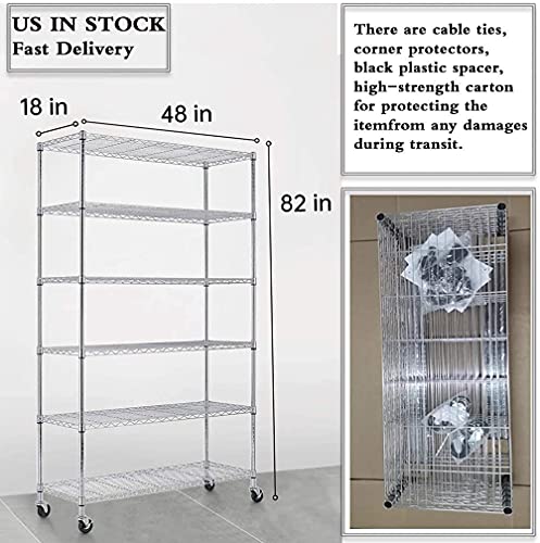 Heavy Duty Wire Storage Shelves 82"x48"x18" Metal Shelving Unit w/Wheels, 2100 LBS Industrial Utility Steel Storage Rack, 6 Tier NSF Garage Shelving Organizer Racks for Garage Kitchen Storage Black