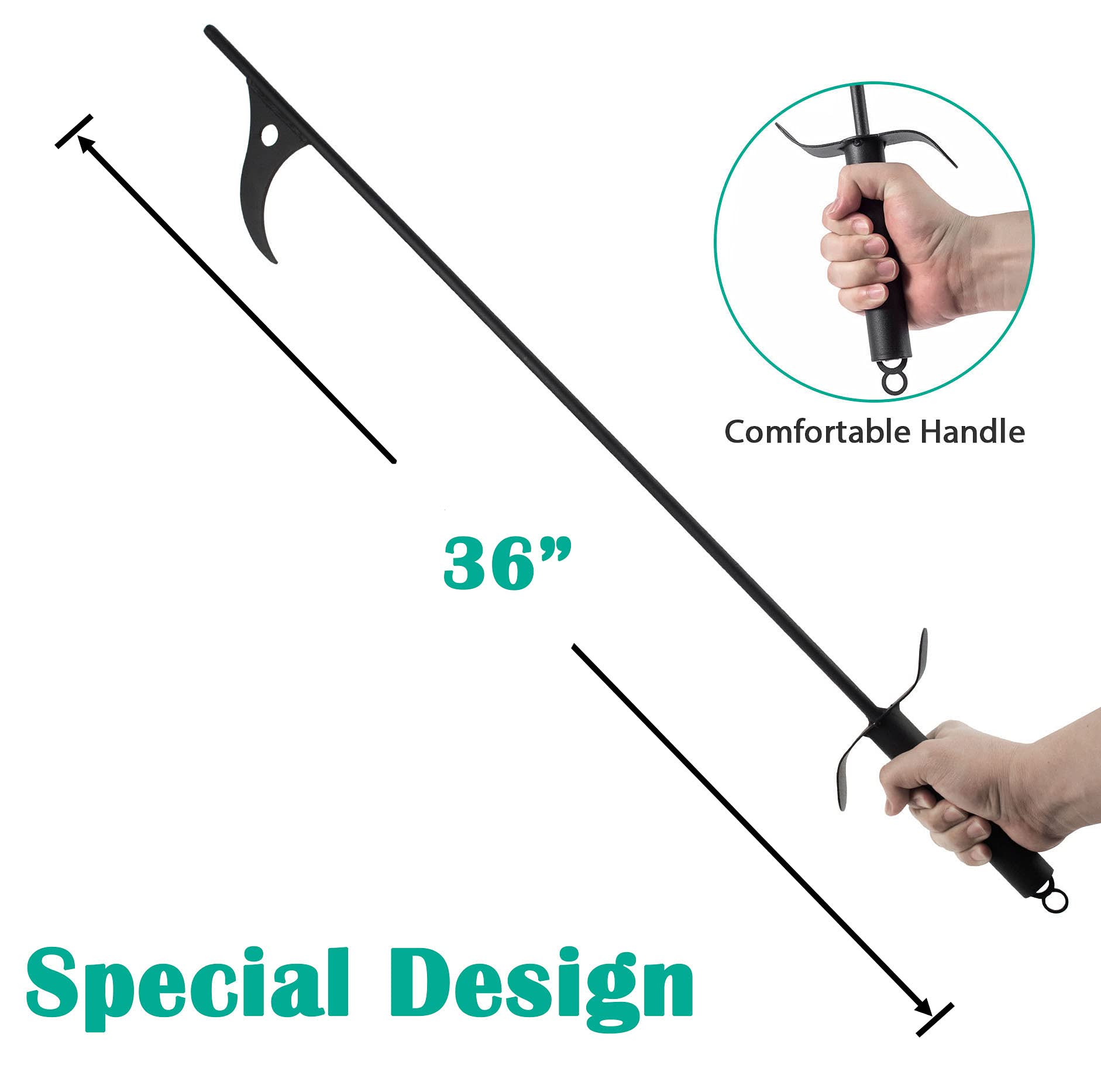 36-Inch Fireplace Fire Pit Campfire Poker Stick and 26-Inch Campfire Fireplace Tongs, Log Grabber, Camping, Wood Stove, Outdoor and Indoor Use, Black Solid Steel