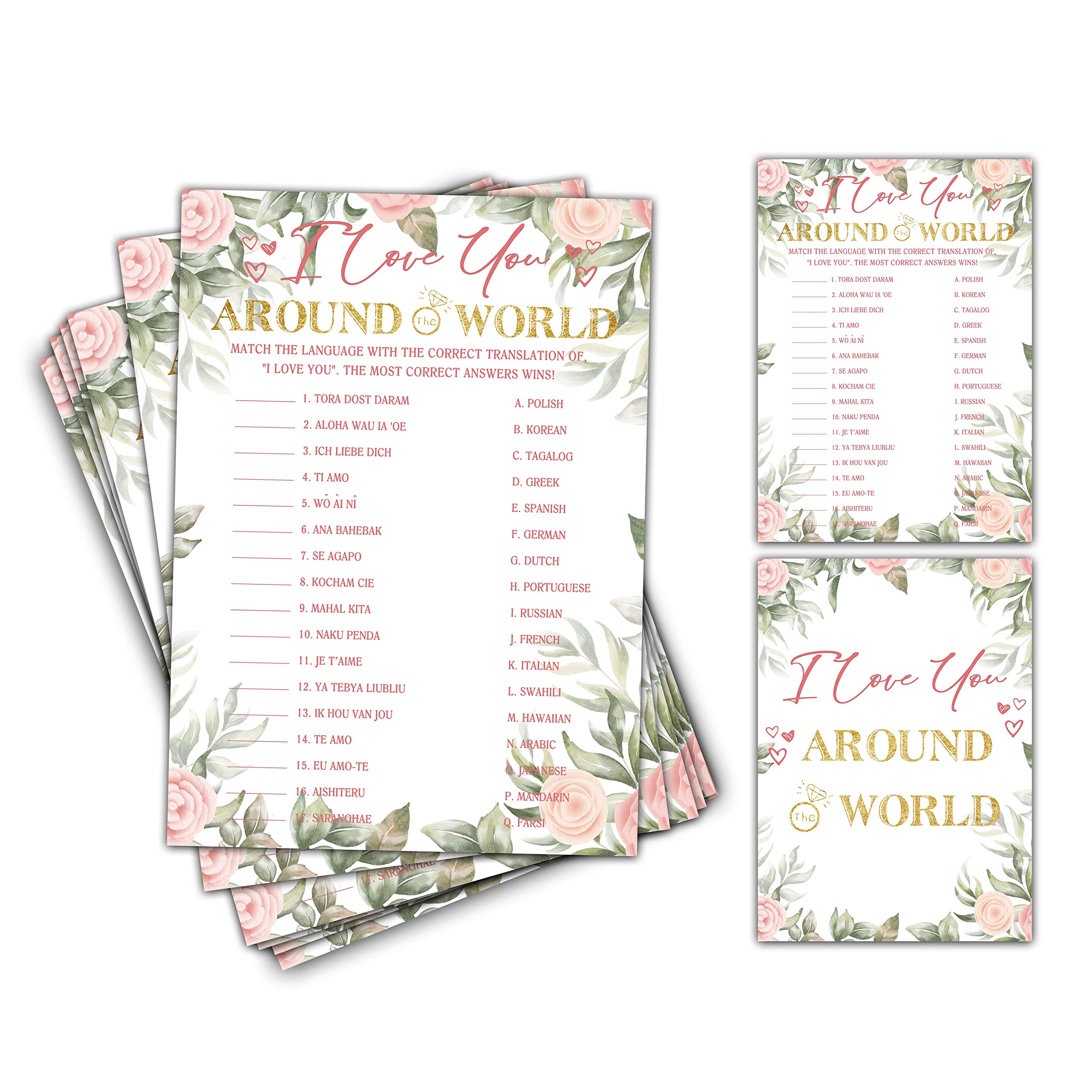 Bridal Shower Games - I Love You Around The World Wedding Party Game - Boho Floral Greenery Bachelorette/Engagement Party Supplies Activities - Pack of 30 Game Cards & 1 Answer Card (A05)