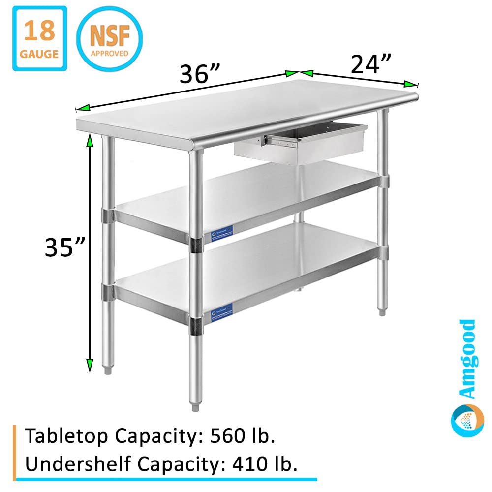 24" X 36" AmGood Stainless Steel Work Table | Commercial & Residential Kitchen Laundry Garage Utility Bench | NSF Metal Prep Table (24" x 36" Table + 2 Shelves + Drawer)