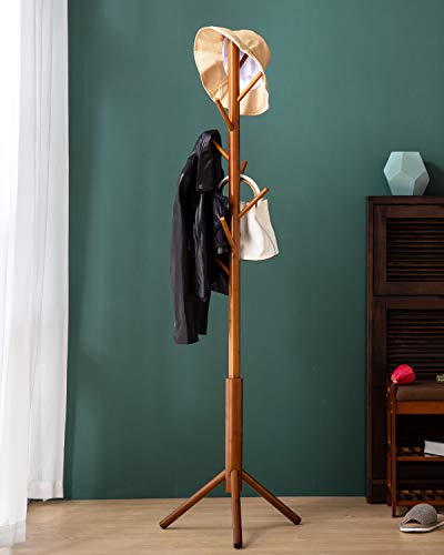 BMOSU Bamboo Coat Rack Freestanding Stand Tree Adjustable Coat with 3 Sections 8 Hooks Easy to Assemble Standing Coat Jackets Hanger for Bedroom Office Hallway Entryway Brown