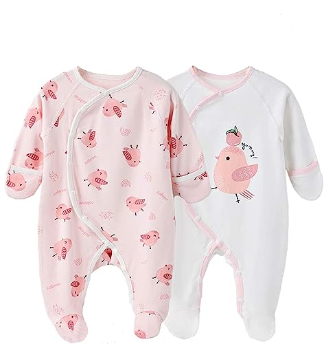 COBROO 2-Pack Baby Girl Footies Pajamas with Mittens 100% Cotton Lucky Birds Baby Girl Pajamas Set 0-3 Months