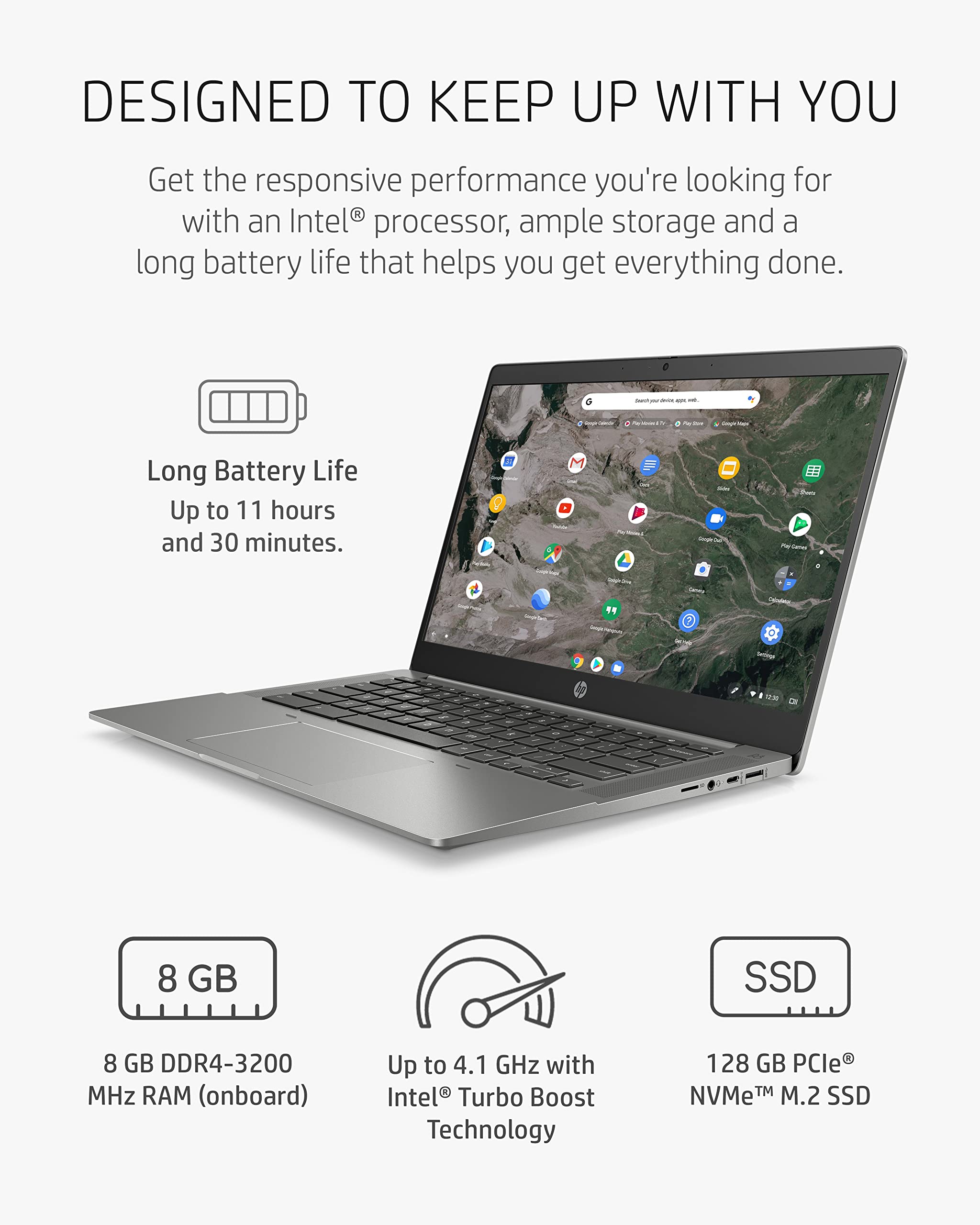 HP Chromebook 14b Laptop, 11th Gen Intel Core i3-1115G4, 8 GB RAM, 128 GB SSD, 14” HD Anti-Glare Touchscreen, Chrome OS, 720p Webcam and Camera Shutter, Audio by B&O, Backlit Keys (14b-nb0010nr, 2021)