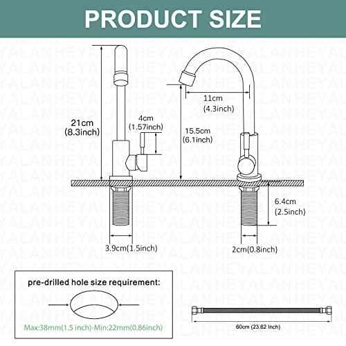 Cold Water Only Kitchen Faucet Brushed Nickel Single Handle 1 Hole 360 Degree Swivel Spout Deck Mount High Arc SUS304 Stainless Steel Sink Bar Tap Goose Neck with Hose(Drain Not Included)