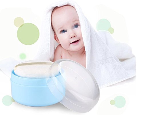 Baby After-Bath Powder Puff Container Jars Empty Refillable Plastic Soft Face Body Powder Box with Sifter Portable Baby Care Kit Case Cosmestic Makeup Dispensor (Blue)
