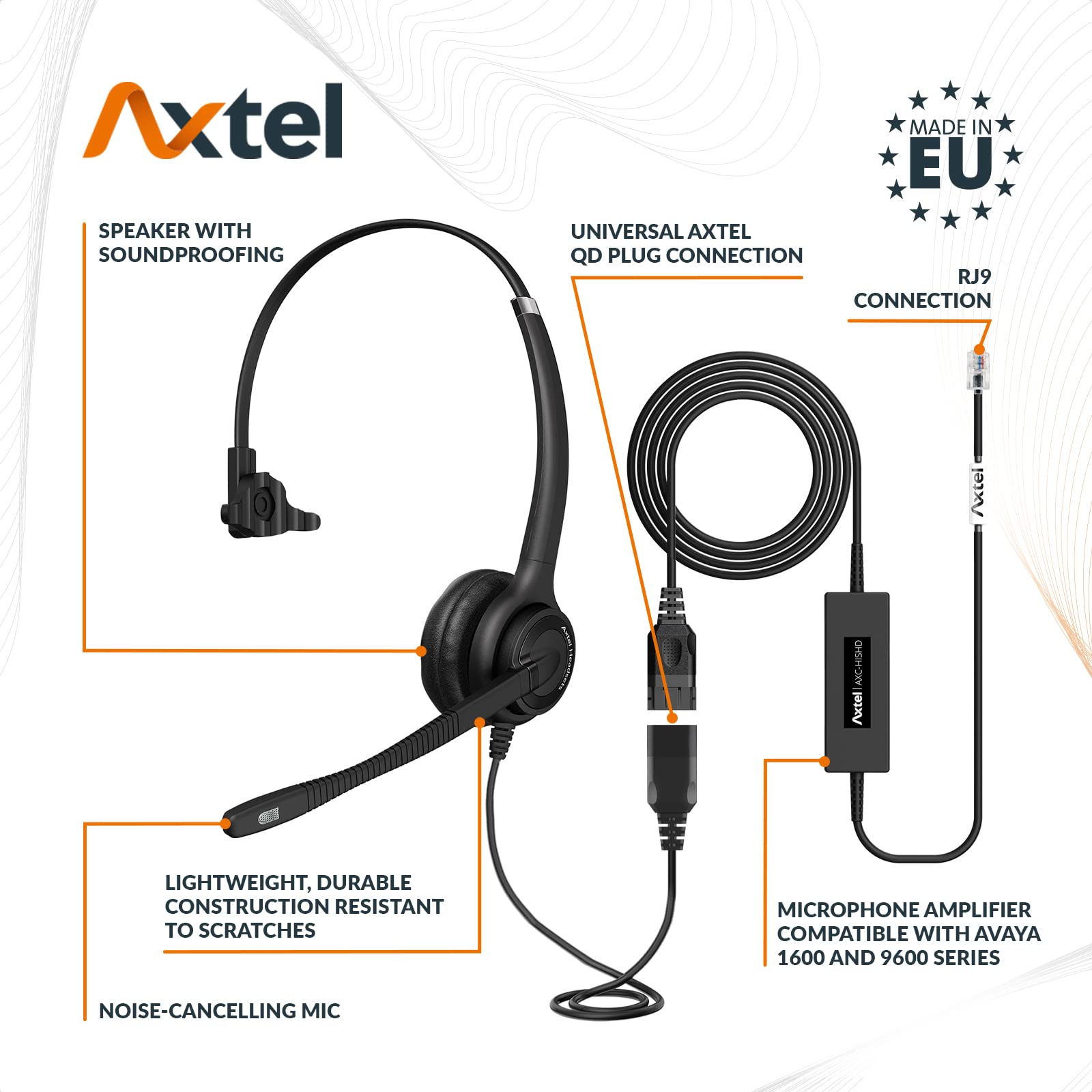 Axtel Bundle Elite HDvoice Mono NC with AXC-HISHD Cable | Noise Cancellation - Compatible with Avaya 1600/9600 Series IP Phones | Microphone Amplifier with up to 8 Levels