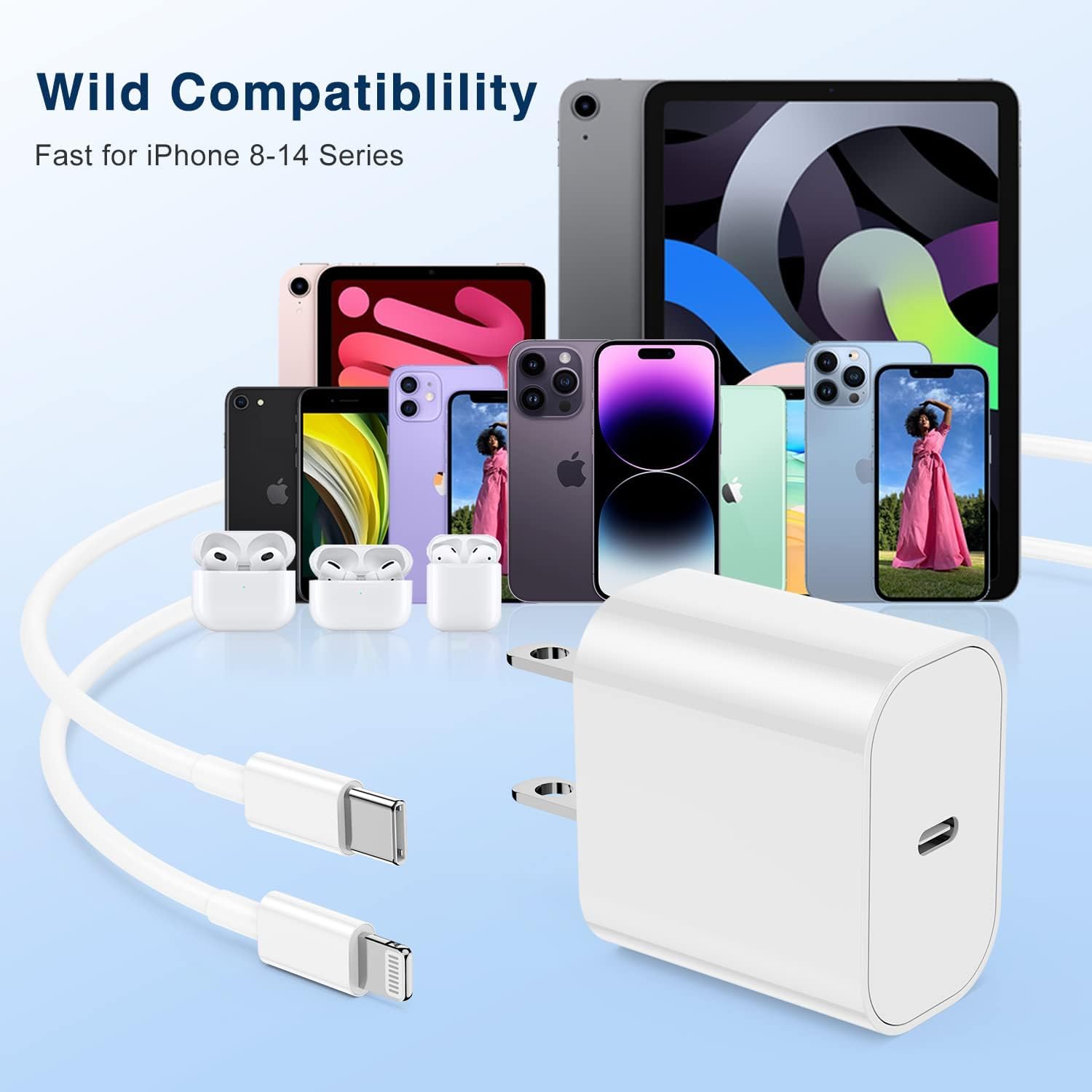 2 Pack MFi Certified 20W PD USB C Wall Chargers + 3FT * 2 Lightning Cables for iPhone 14/13/12/11/Pro Max/Xs XR/Plus (Pack of 2)