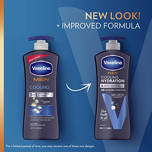 Vaseline Men Cooling Hydration 3-in-1 Face, Hands & Body Lotion for Men for Dry Skin with Menthol & Ultra-Hydrating Lipids 20.3 oz, Pack of 4