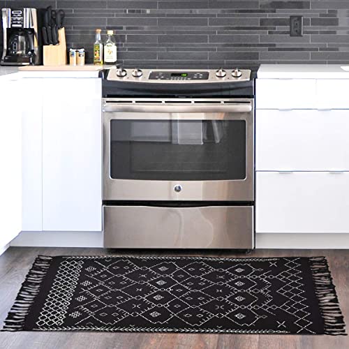Boho Black and White Rugs, Runner Bath Rugs, Geometric Tribal Mats, 2' × 4.3' Cotton Woven Area Rug with Tassel for Kitchen, Bedroom, Entrance, Laundry Room…
