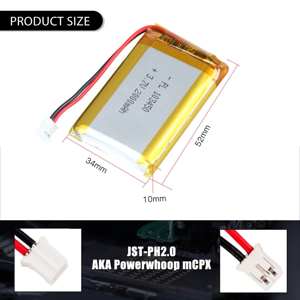 AKZYTUE 3.7V 103450 2000mAh Lipo Battery Rechargeable Lithium Polymer ion Battery with JST Connector, Can Replace 103454 963450 Lipo Battery