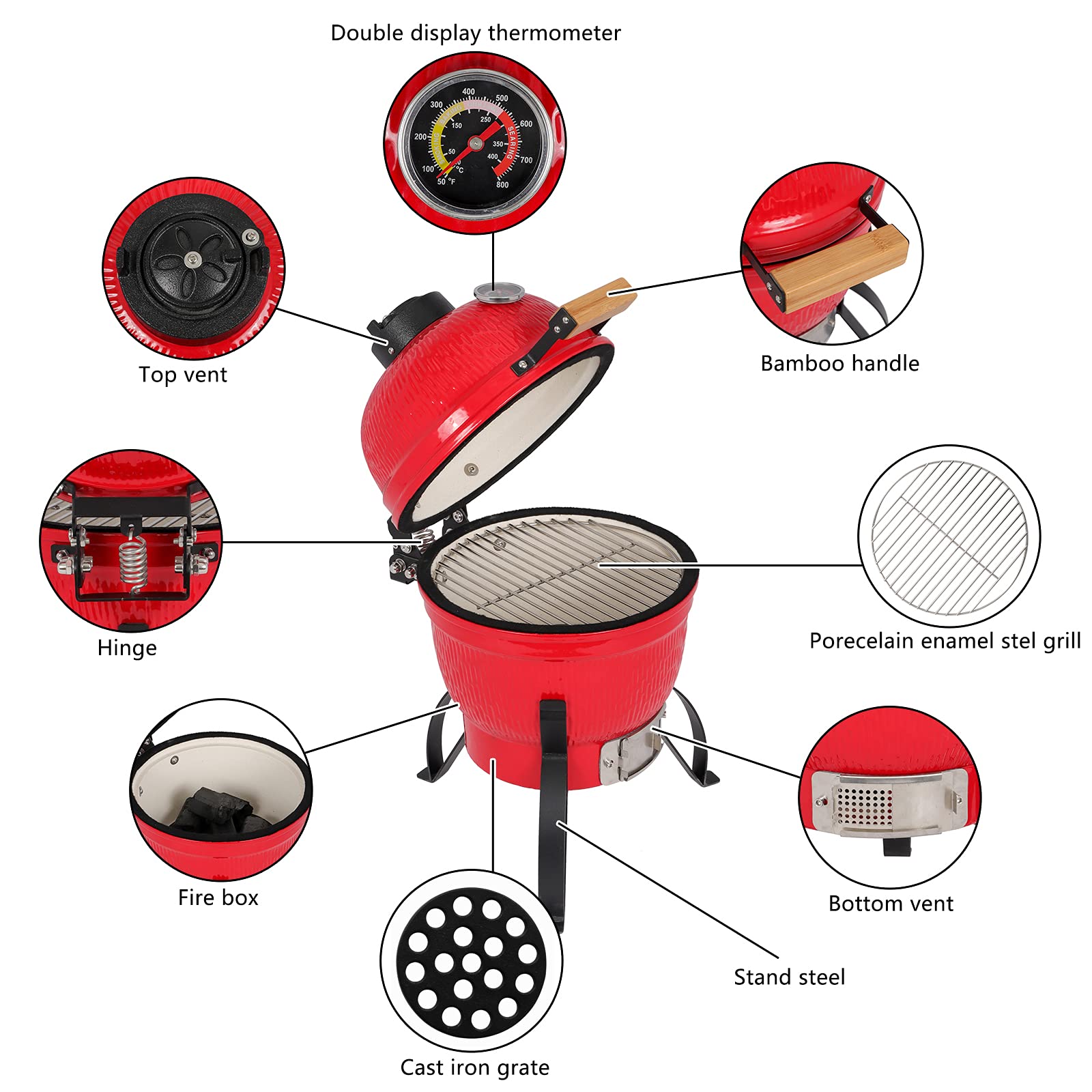 13 Inch Ceramic Charcoal Grill, Portable Charcoal Grill Barbecue Grill, Roaster and Smoker, Small Grill Round Grill with bamboo handle, double display thermometer, Outdoor Mini Egg Style (Orange)