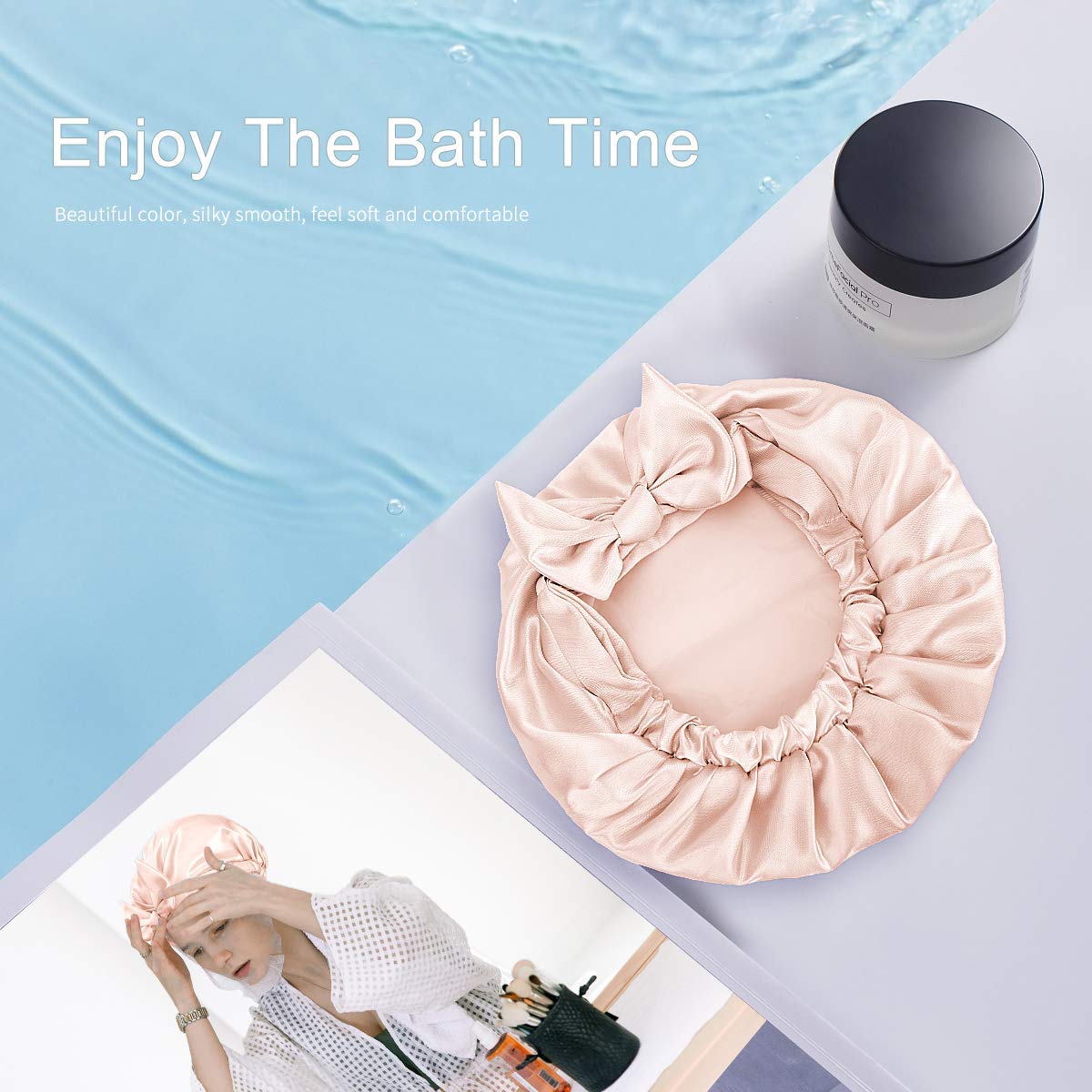 Auban Extra Large Shower Cap, Bowknot Double Layer Reusable Bath Hair Caps With Silky Satin for Women Beauty Bathing, Hair Spa, Home Hotel Travel Use (Beige)