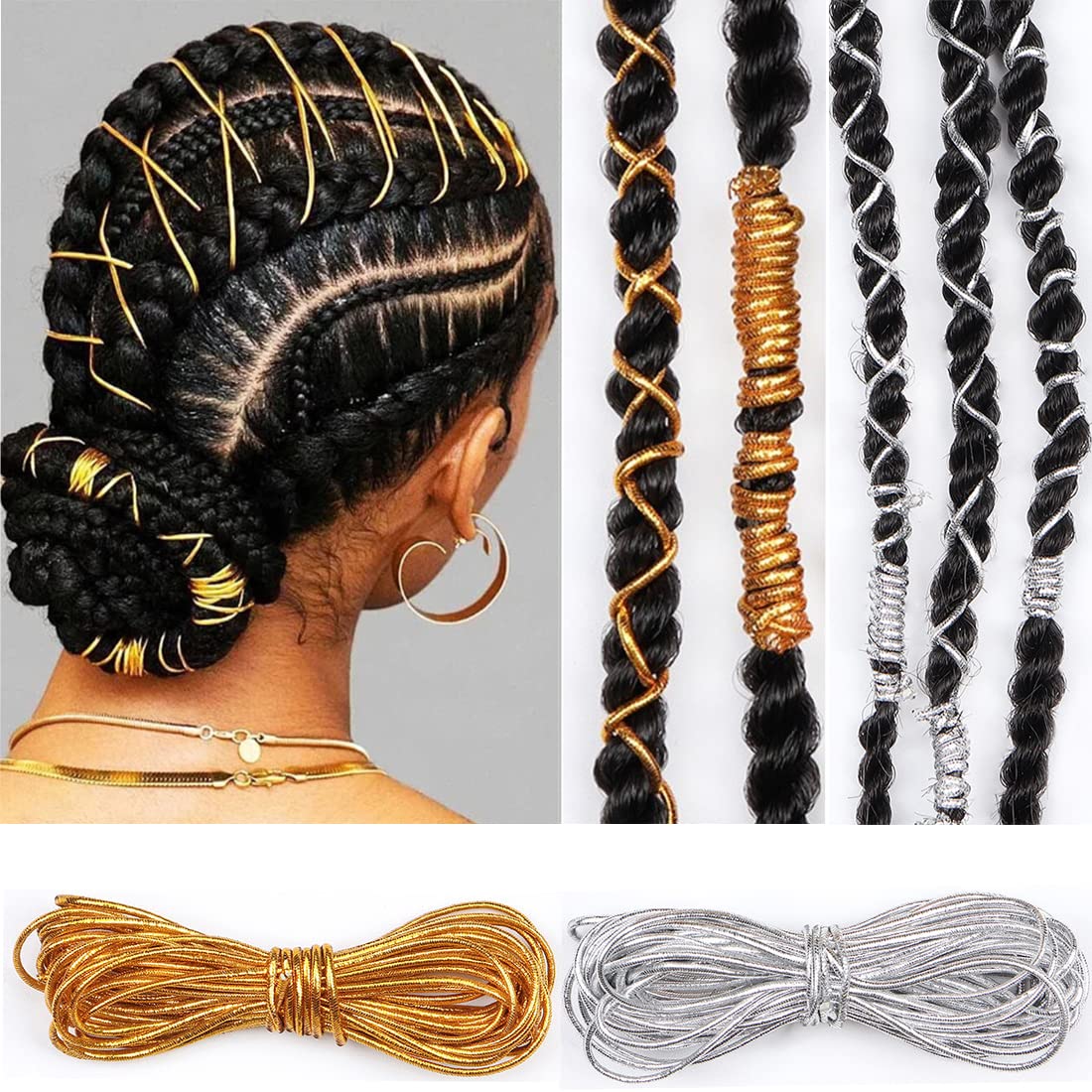 2 Pieces 5M Dreadlock Braids Hair Accessories Silver Gold Braiding Hair Deco Styling Shimmer Stretchable African Braid Braided Elastic Cord Ornament Hanging Decorating Gift Wrapping