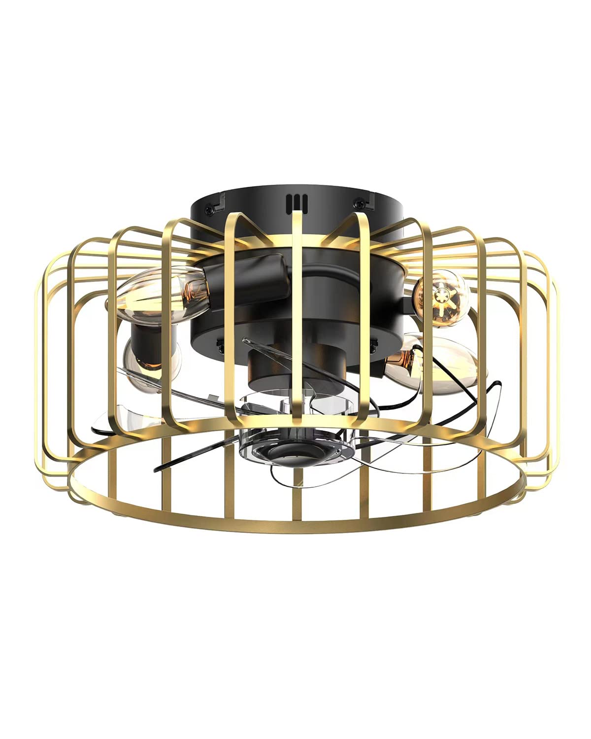 13'' Low Profile Small Flush Mount Farmhouse Industrial Caged Ceiling Fan with Lights, 6 Speed Bladeless Black Ceiling Fan with Remote Control for Living Room, Bedroom, Kitchen (Black and Gold)