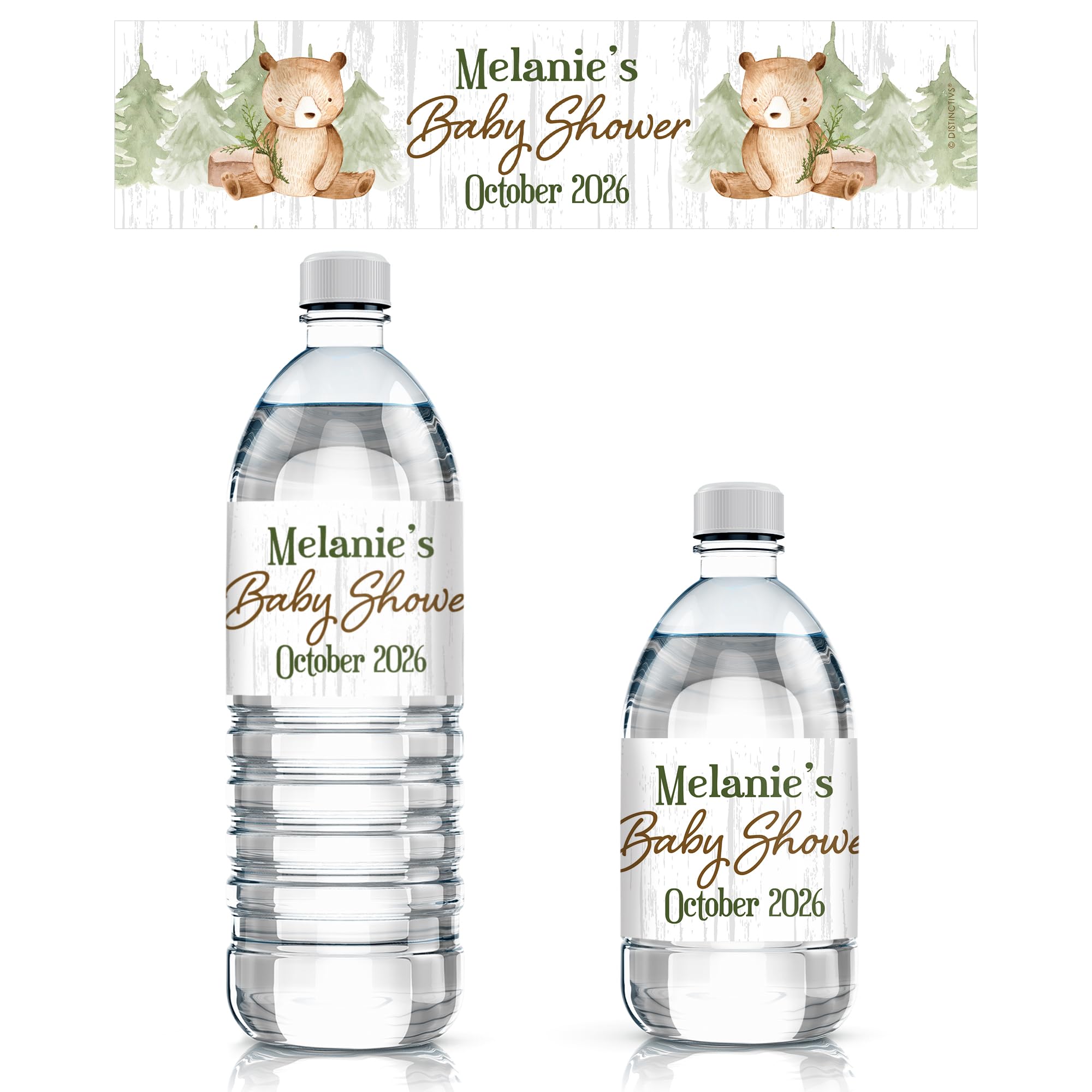 DISTINCTIVS Personalized Woodland Bear Baby Shower Water Bottle Labels - Customizable Waterproof Wrappers - 24 Stickers