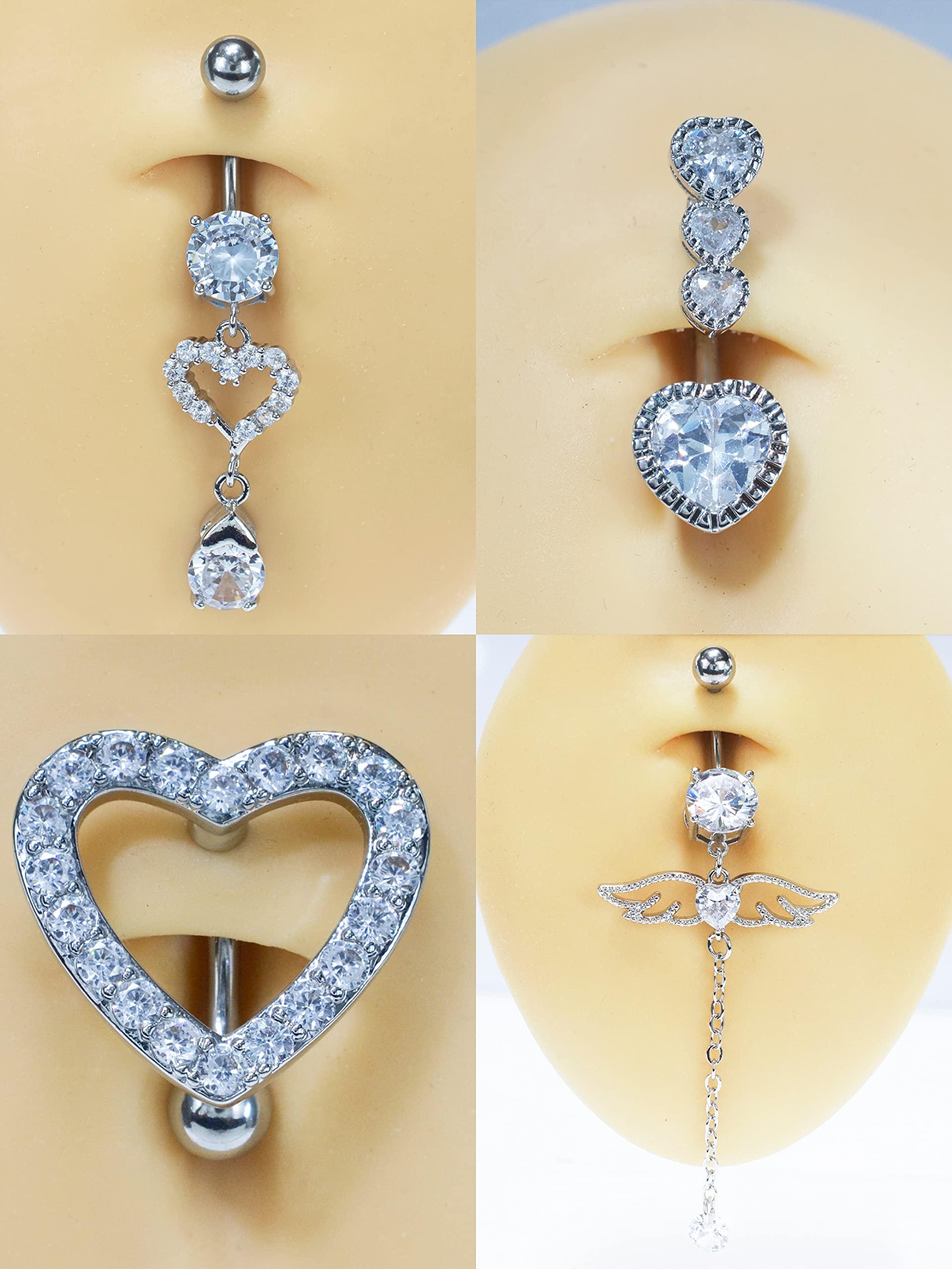 14G Surgical Steel Belly Button Rings Round/Love Heart Clear CZ Navel Curved Barbell Studs Sexy Body Piercing (4PCS - Steel - Style A)