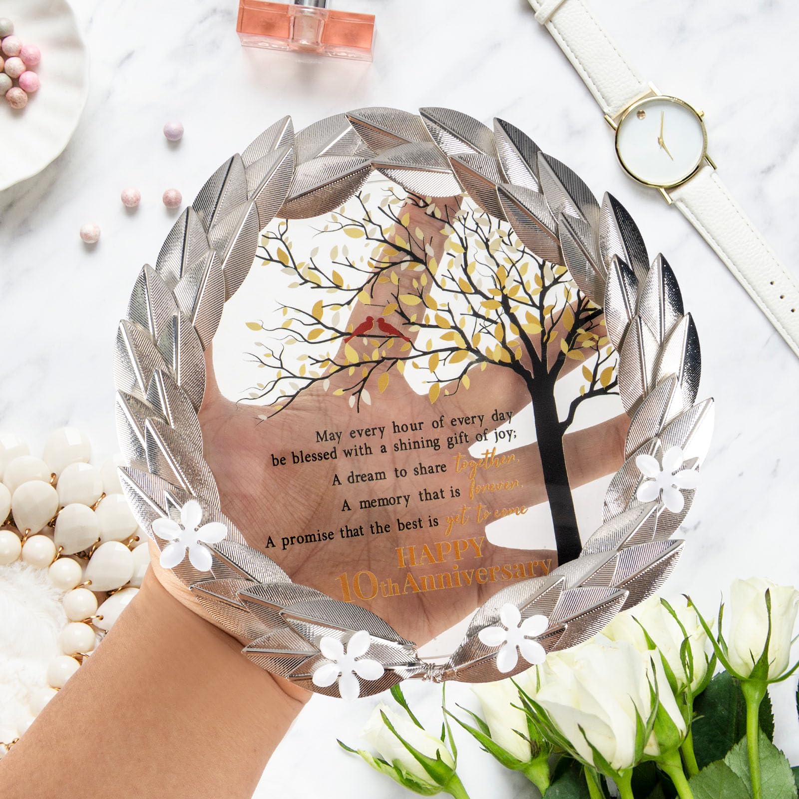10 Year Tin Anniversary Wedding Gifts Crystal Plate with Gold Leaf Wreath - 10th Anniversary Wedding Gifts for Parents Couple - 10th Wedding Anniversary Unique Gift Ideas - Cardinal Style