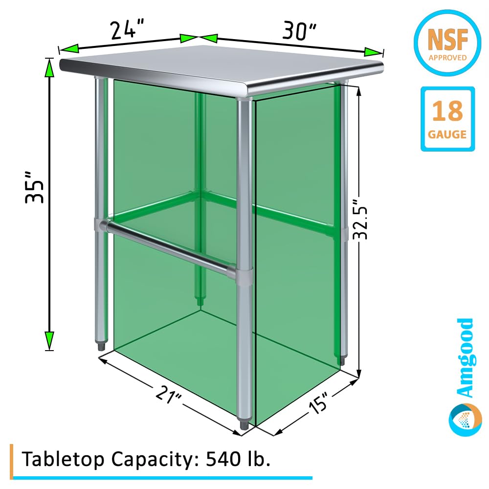 AmGood Stainless Steel Work Table Open Base | NSF Kitchen Island Food Prep | Laundry Garage Utility Bench (30" Long X 30" Deep)