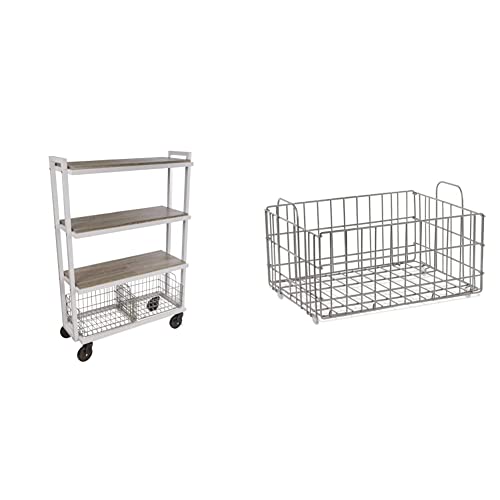 Atlantic System 4 Tier Cart-Wide Mobile Storage, Interchange Shelves and Baskets, Powder-Coated Steel Frame PN in White & Modular Cart System Wire Storage Basket