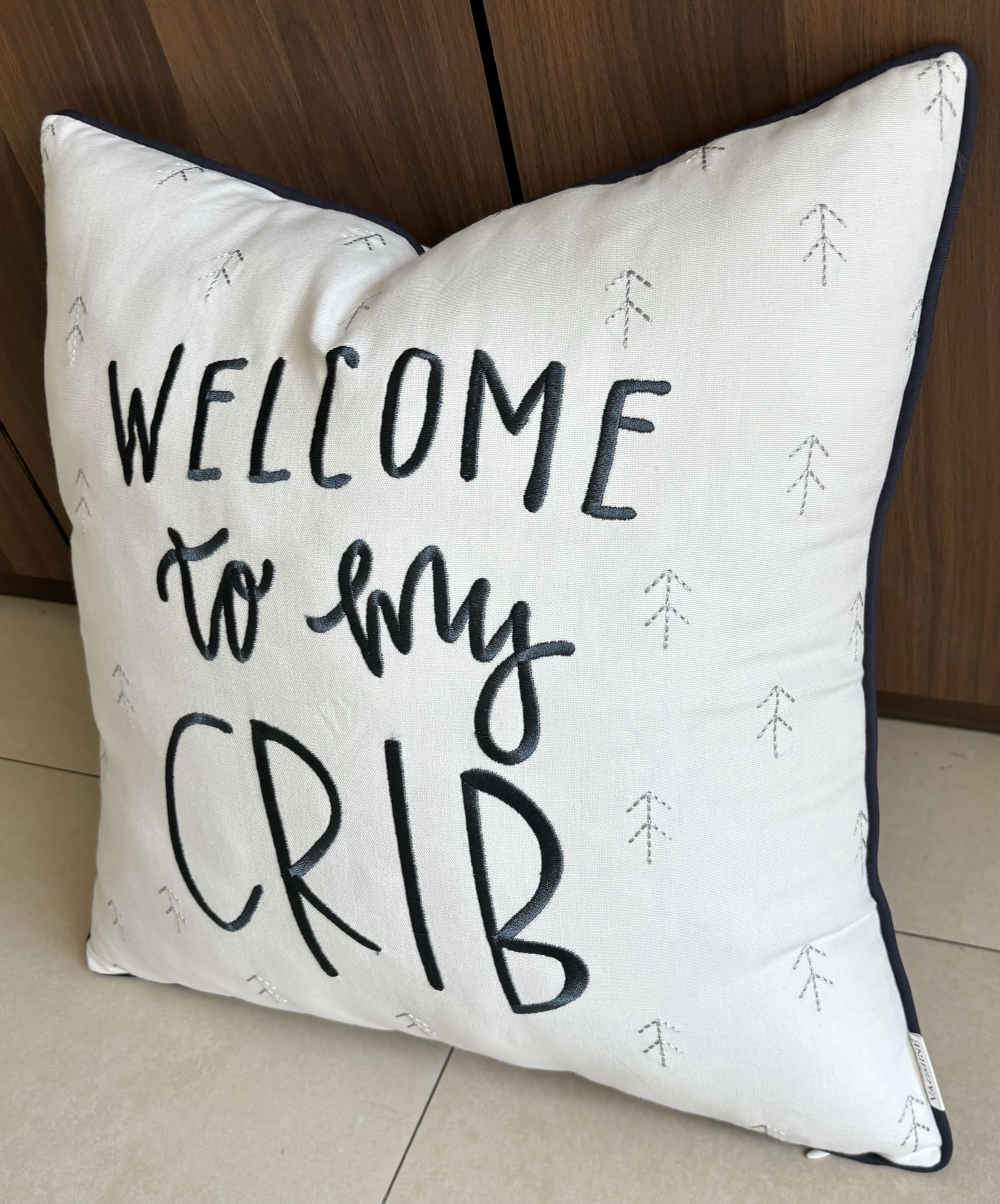 VAGMINE Welcome to My Crib Quote Embroidered Decorative Square Accent Throw Pillowcase - Nursery Decor, Boys Room Decor - 18x18 Inches, Ivory