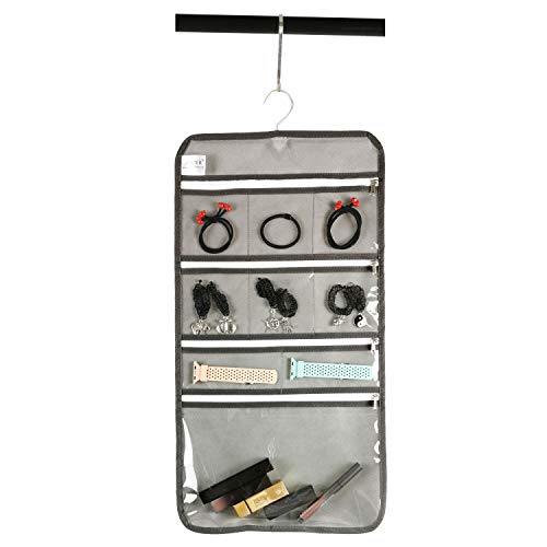 ANIZER Travel Foldable Jewelry Rolls Bag Hanging Jewelry Organizer with 9 Zippered Clear Pockets Storage Pouch with Rotatable Hanger (GREY)