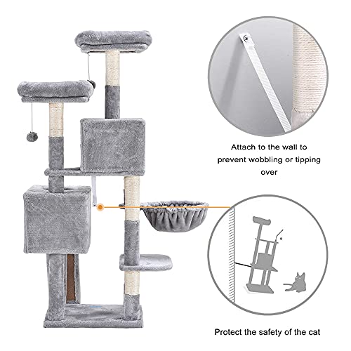 Hey-brother 58'' Multi-Level Cat Tree Condo Furniture with Sisal-Covered Scratching Posts, 2 Plush Condos, Hammock for Kittens, Cats and Pets Light Gray MPJ013M