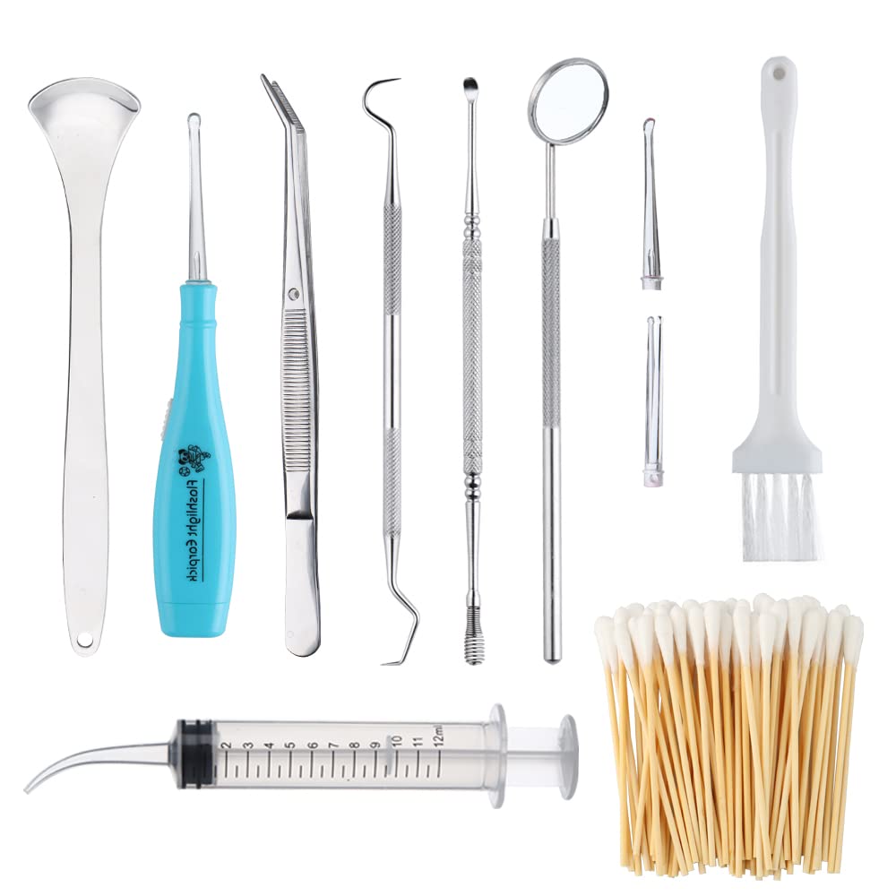 9 Pieces Upgraded Tonsil Stone Removal Set Include Stainless Steel Tonsil Stone Remover Tool Led Light Tongue Cleaner Scraper Tweezer,Cured Syringe for Oral Care (Blue)