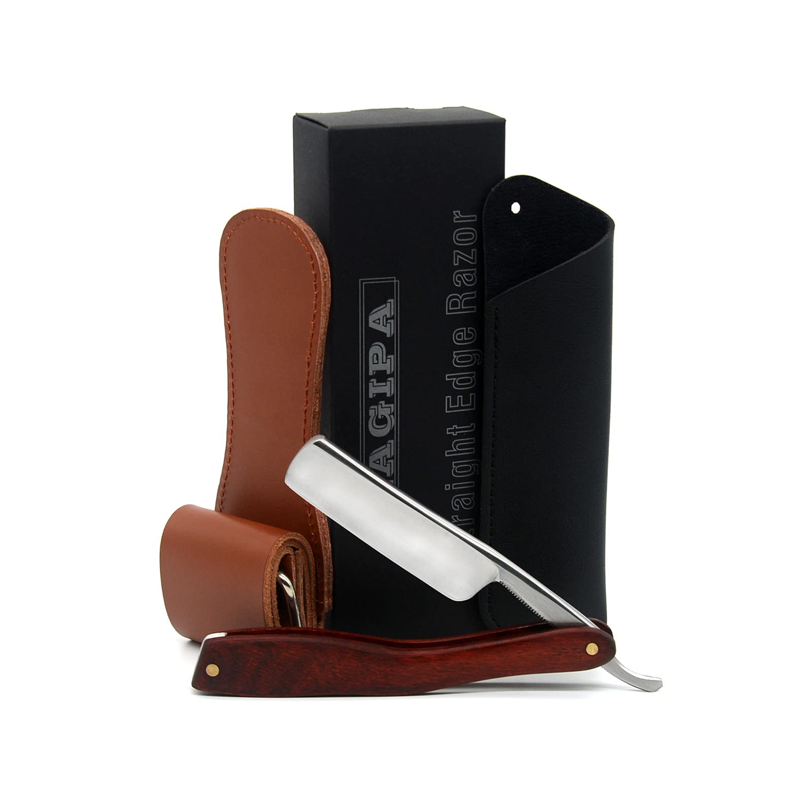 LAGIPA Straight Razor Shaving Kit - Shave Ready Straight Edge Razor for Men with Strop & Case, Barber Straight Razor Knife, Classic Reusable Vintage Straight Razor Blade, Rosewood Handle, Carbon Steel