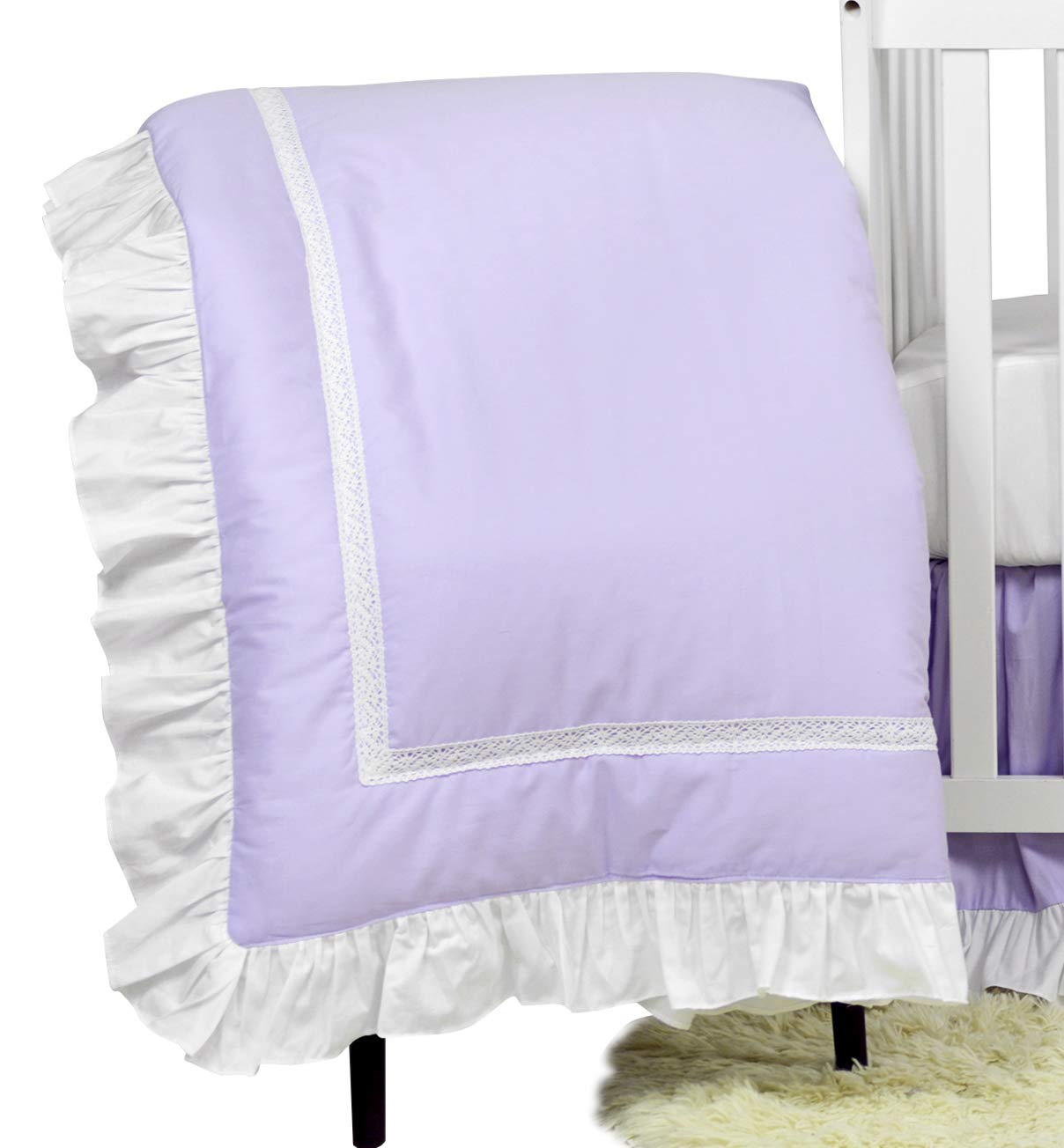 Brandream Girls Crib Bedding Sets White Purple Luxury Baby Nursery Bedding 4 Piece Ruffle Comforter Blanket Set, 100% Cotton
