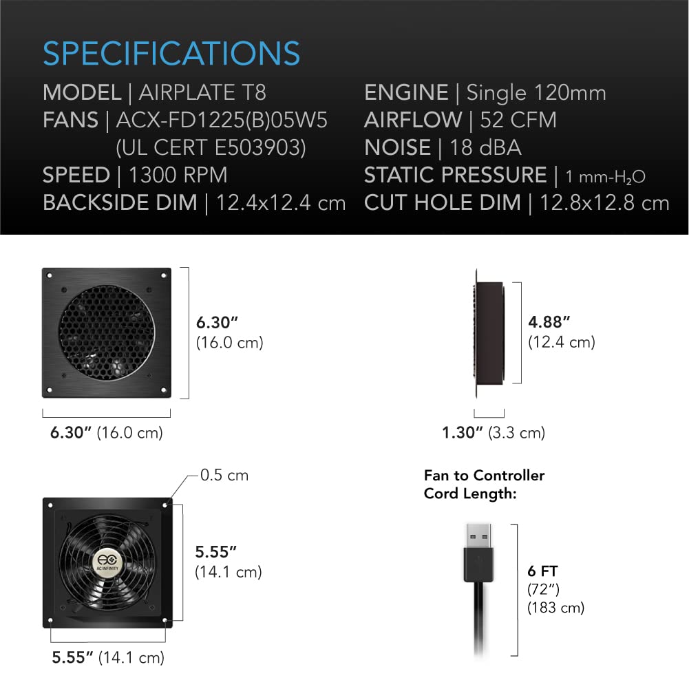 AC Infinity AIRPLATE T8, Quiet Cooling Dual-Fan System 6" with Thermostat Control, for Home Theater AV Cabinets