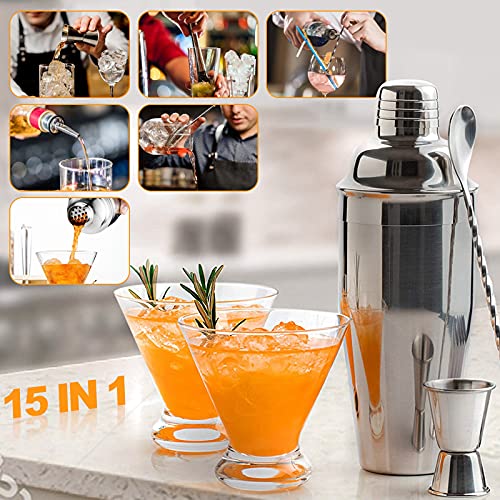 14 Pcs Cocktail Shaker Set Bar Set - Gifts for Dad, 25oz Stainless Steel Cocktail Shaker Set Bar Tools Bartender Kit, Reward Stylish Bamboo Stand & Recipes Booklet, Best Bartender Kit for Beginners