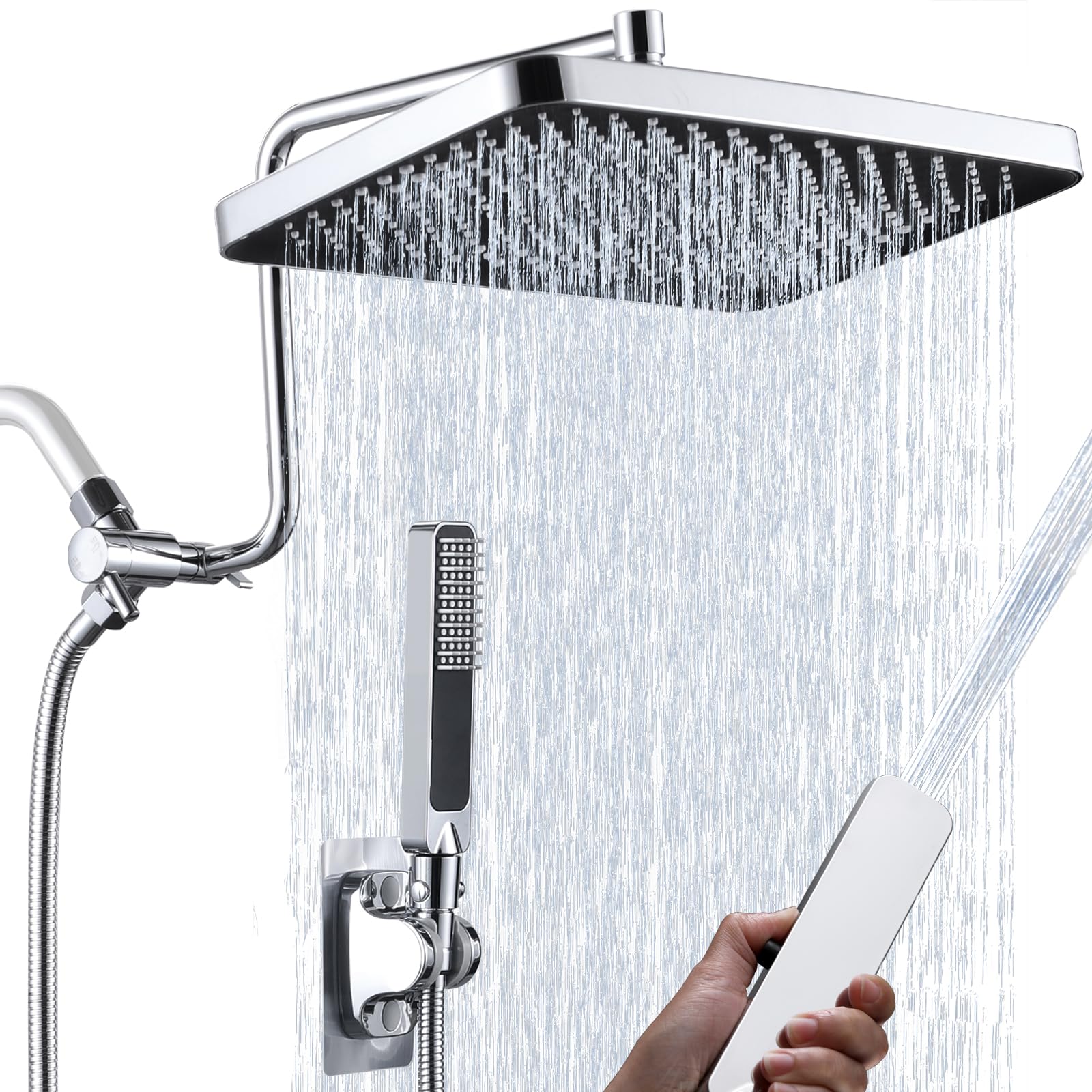 13" Dual Rainfall Shower Head with Handheld Spray Combo, 3 Settings Shower Diverter, Massage Handheld Shower Wand, Adjustable Extension Arm, 71 Inches Extra Long Hose - Polished Chrome