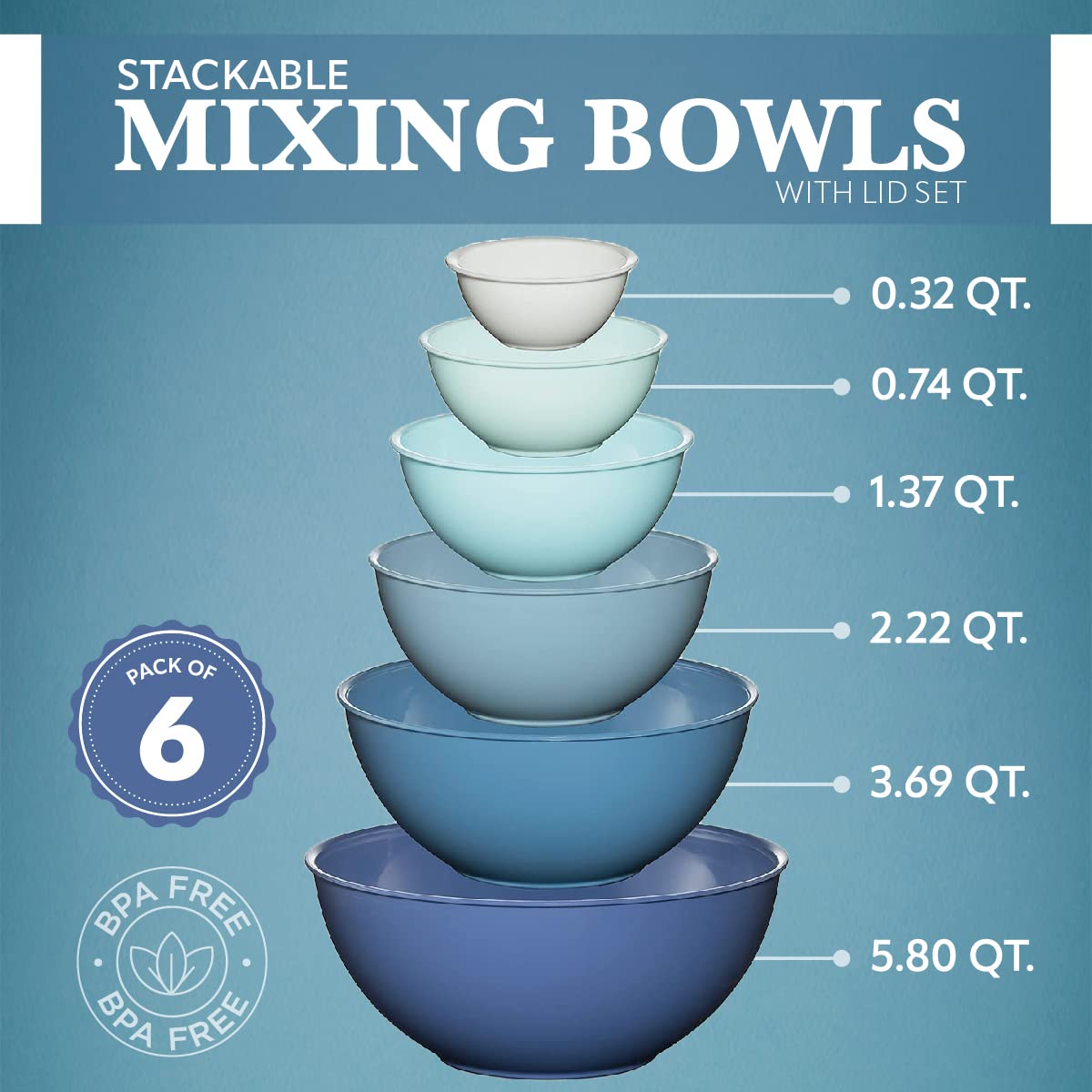 12 Piece Plastic Mixing Bowls Set, Colorful Nesting 6 Prep Bowls and 6 Lids - Color Food Storage for Leftovers, Fruit, Salads, Snacks, and Potluck Dishes - Microwave and Freezer Safe