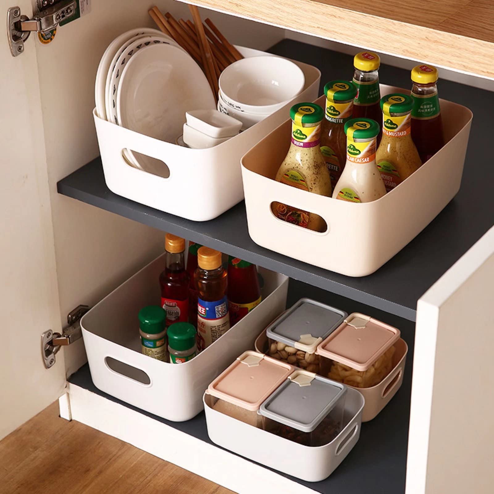2 Pack Plastic Storage Basket, White Storage Bin with Handle Bathroom Organization Bins Kitchen Spice Rack Organizer for Shelves Drawers Pantry Closet(11.8x8x4.9in)