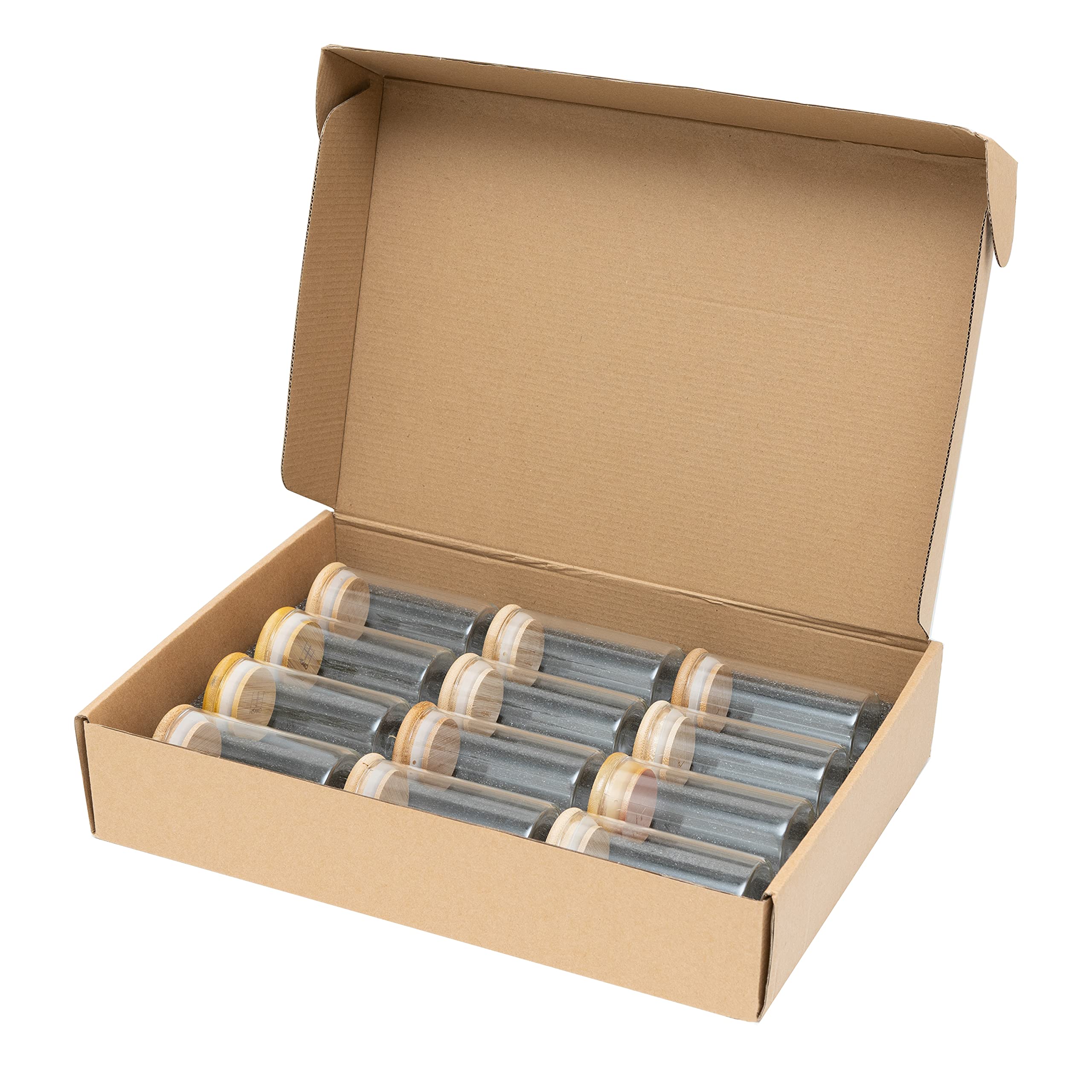 12 Piece- 5oz Eco-friendly Bamboo Lid Glass Spice Jar Set with 84-Minimalist Pre-Printed Waterproof Spice Labels, 16-Blank Labels– For Spices, Seasoning, Herb Storage and Kitchen Organization