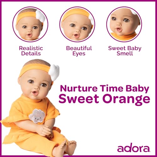 Adora Nurture Time Babies Collection, 13" Baby Doll and Clothes Set with 3 Touch Activated Features Includes Removable Cloud Patterned Outfit, Doll Bottle, Birthday Gift For Ages 1+ - Sweet Orange