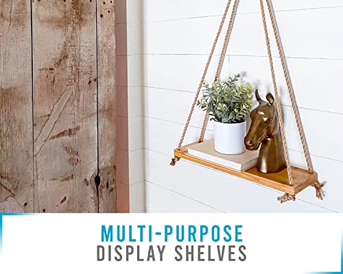 Comfify Modern Set of 2 Wooden Floating Shelves with String – Farmhouse Boho Wall Decor for Living Room Wall – Natural Wood Decorative Shelves with Rope – 17”x5.2” - Natural Color