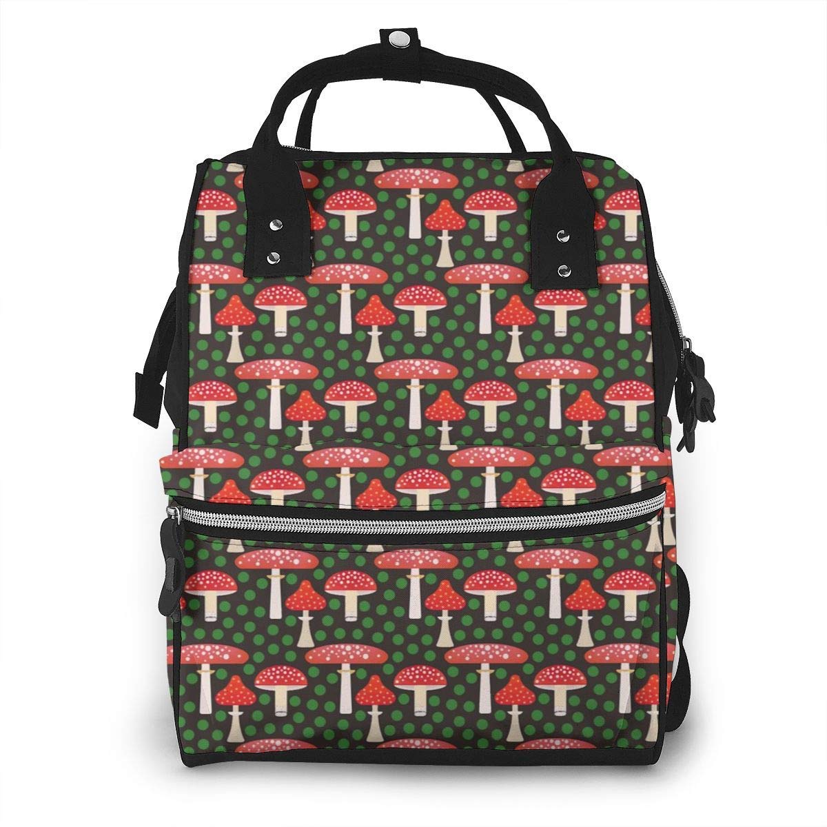 Green Polka Dot Mushrooms Diaper Bag Backpack, Multi Function Nappy Bag Large Capacity Mommy Backpack Organizer for Baby Care Baby Bag for Mom and Dad